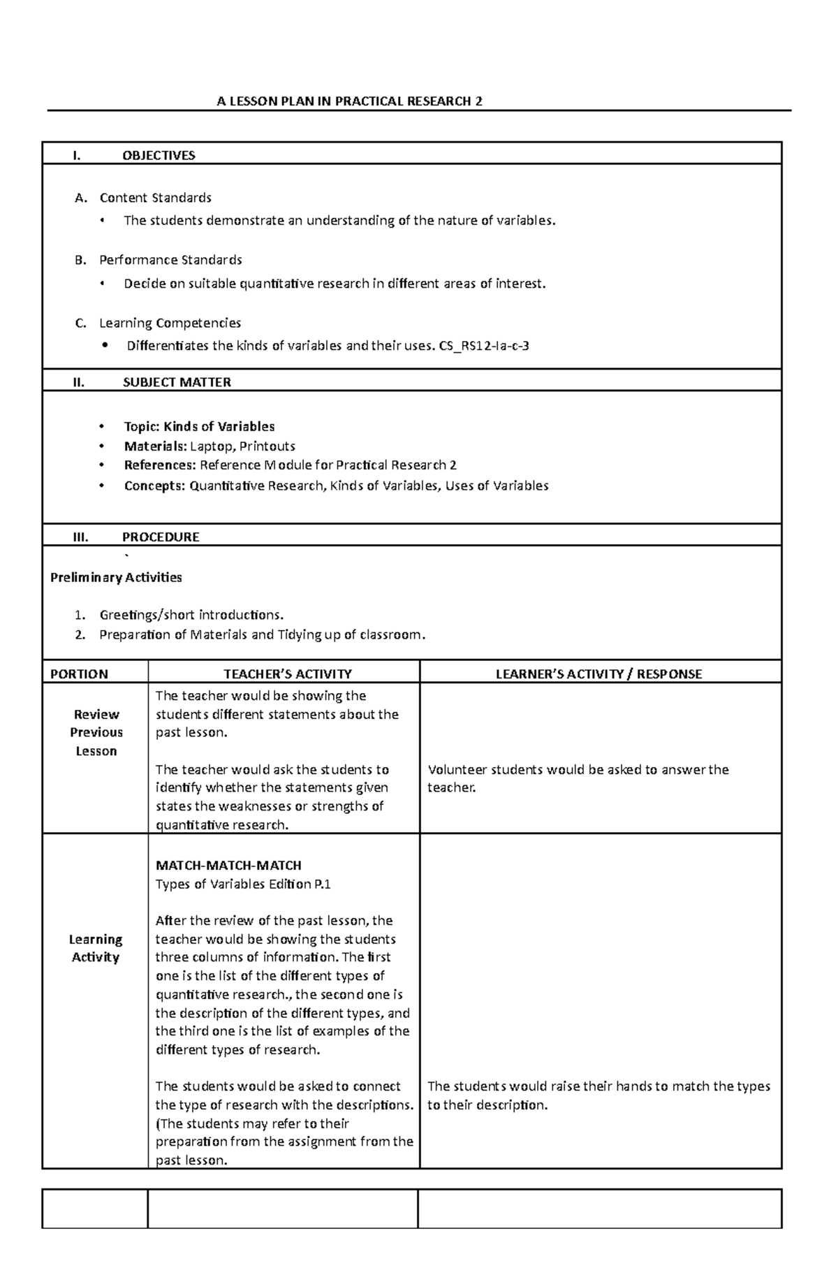 Detailed Lesson Plan on Variables - PR2 Lesson Guide - Studocu