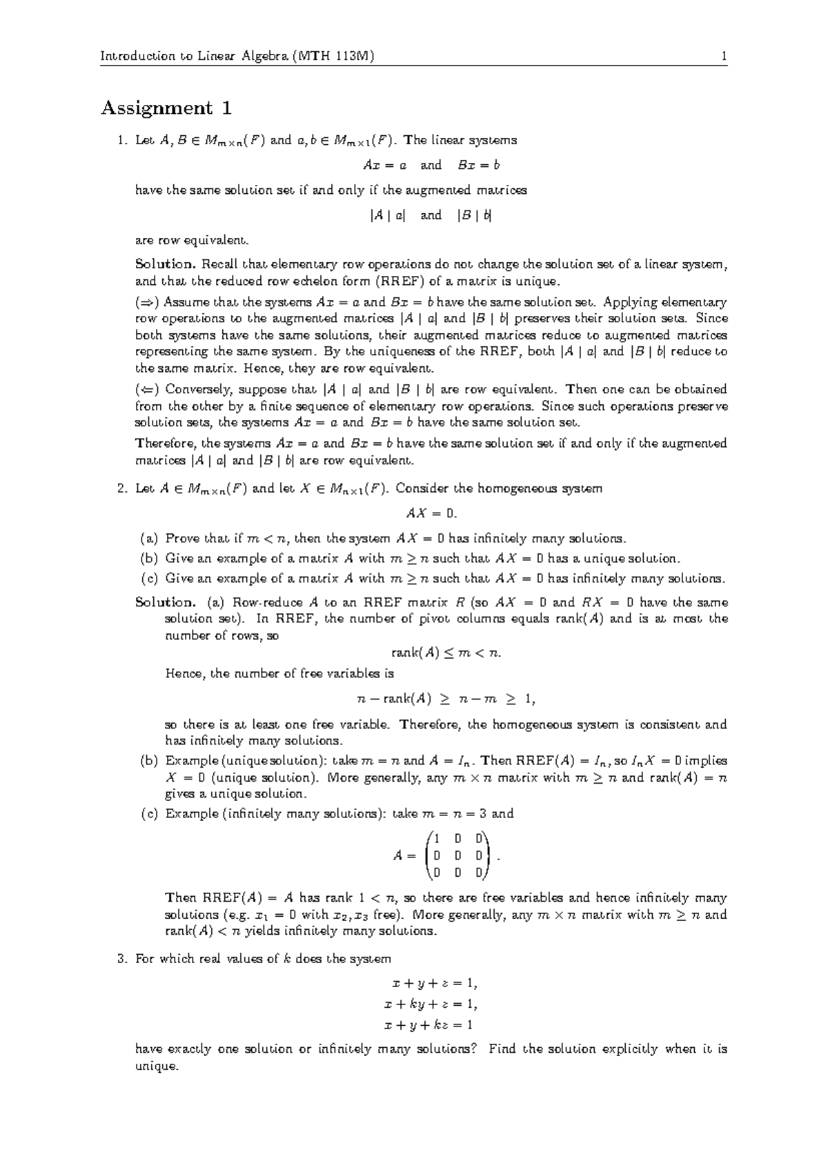MTH 113M - Linear Algebra Assignment 1 Solutions and Practice Problems ...