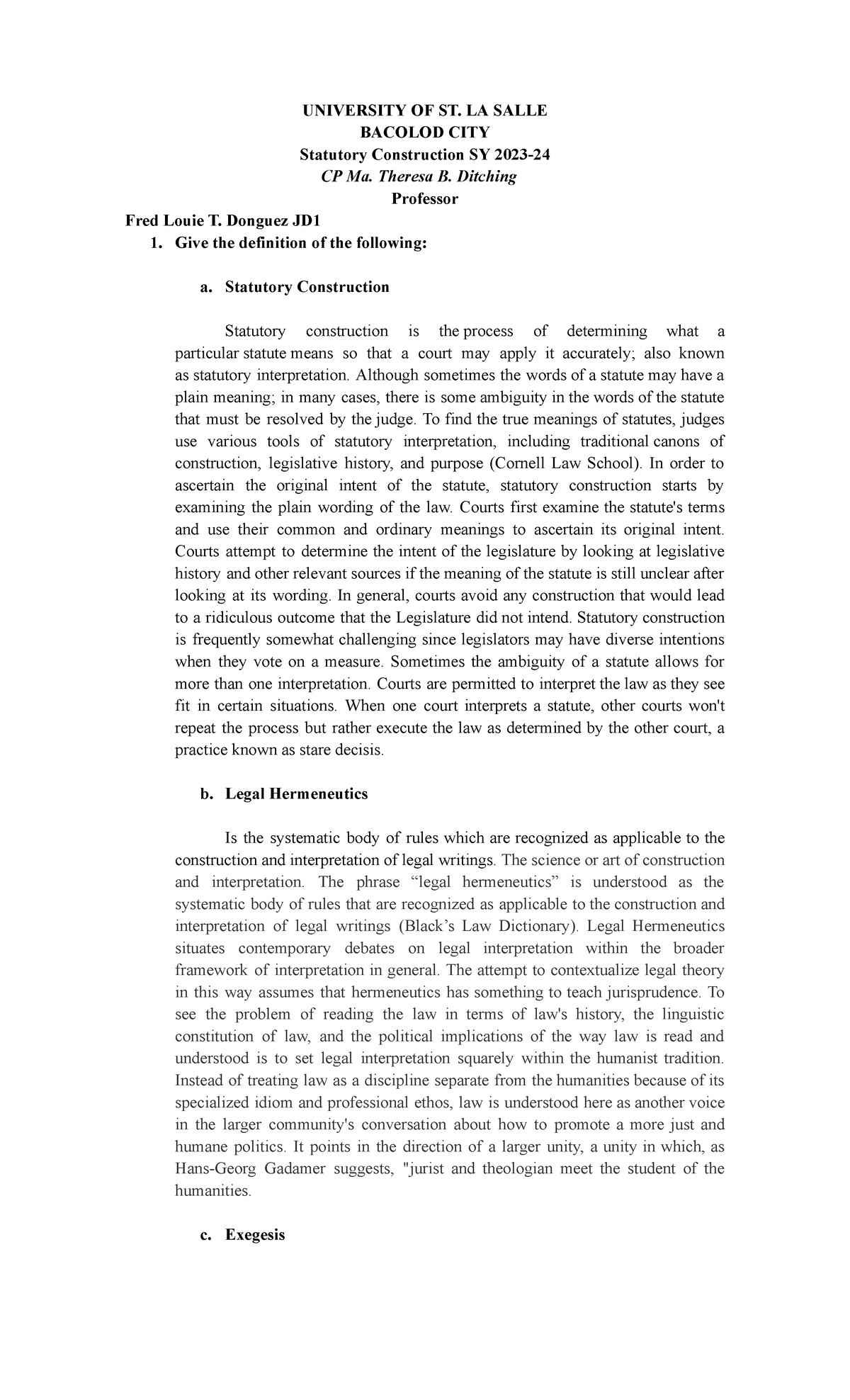 Statutory Construction Notes - JD1 - Professor Donguez - Studocu