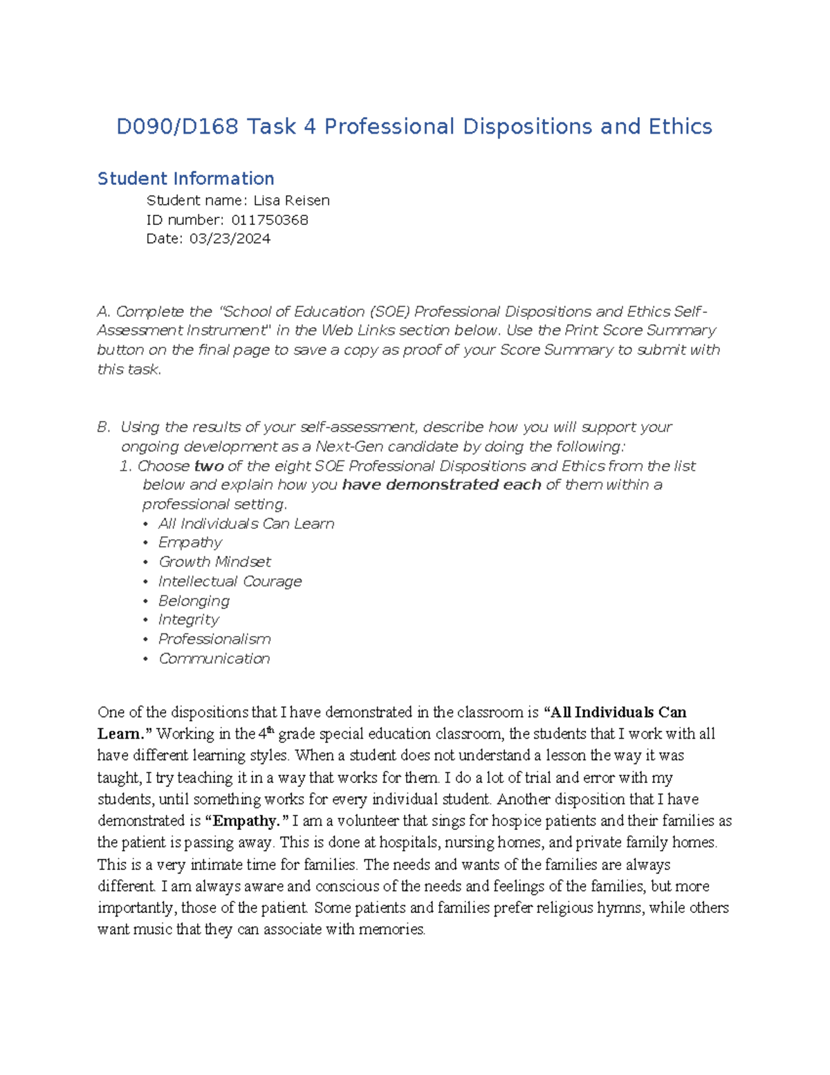 D090/D168 Task 4: Professional Dispositions & Ethics Self-Assessment ...