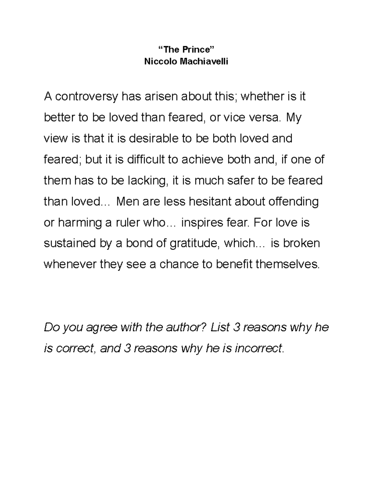 Machiavelli's The Prince: Love vs. Fear in Leadership Analysis - Studocu