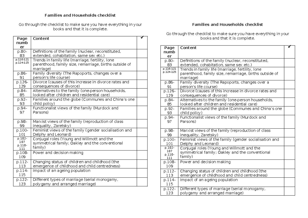 Families and Households Checklist: Key Concepts and Trends Overview ...