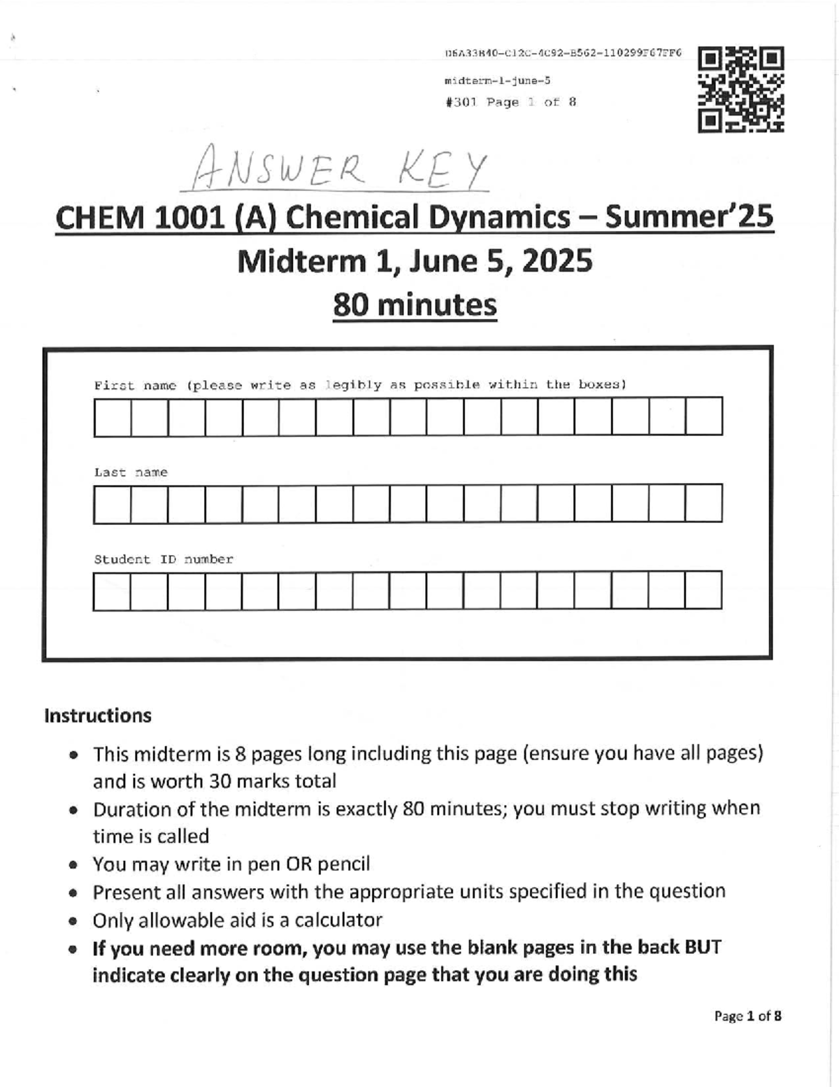 CHEM 1001 - Midterm 1 Answer Key for Chemical Dynamics - Studocu