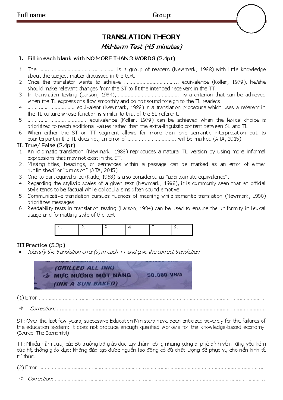 Translation Theory Test (Sample Mid-Term 2025) - Studocu