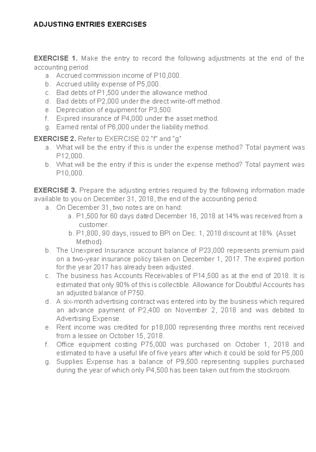 Adjusting Entries Exercises for Accounting 101: Exercise 1-3 - Studocu