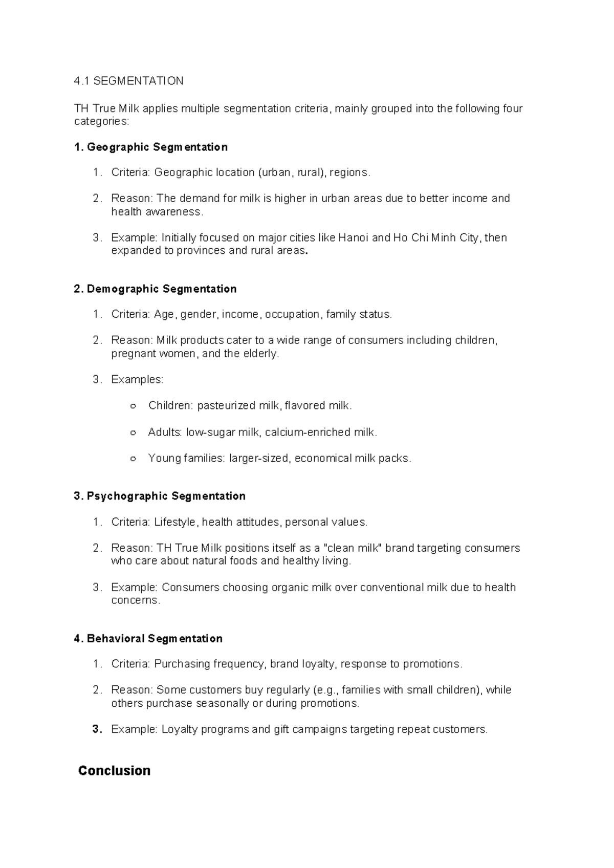 4.1 Segmentation Analysis of TH True Milk: Criteria & Examples - Studocu
