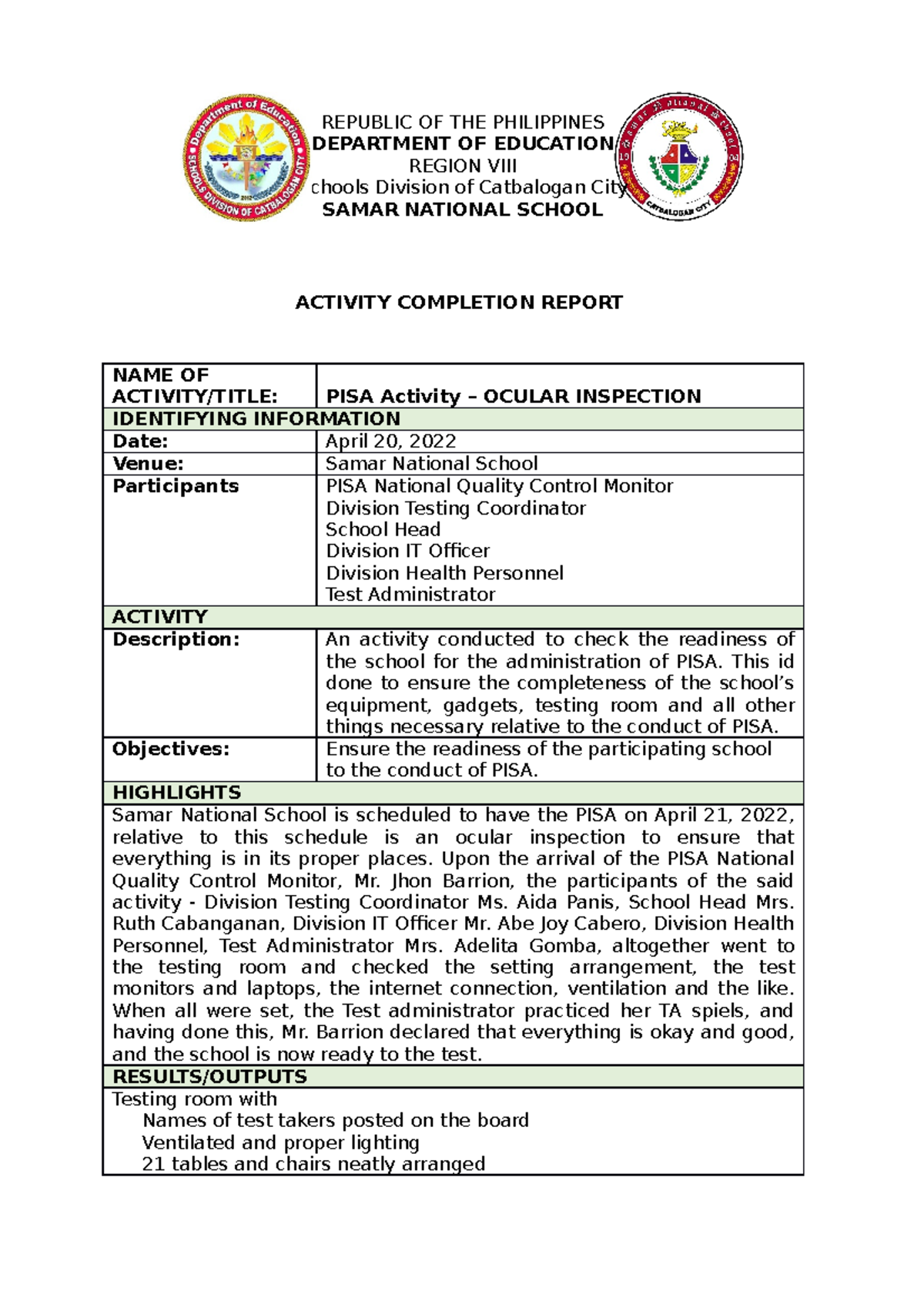 ACR-Template - Sample Activity completion report - REPUBLIC OF THE ...