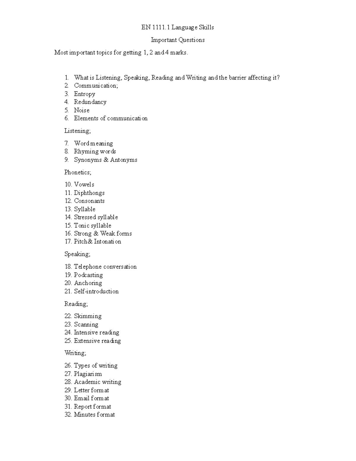 Language Skills - Important Questions and Answers - EN 1111 Language ...