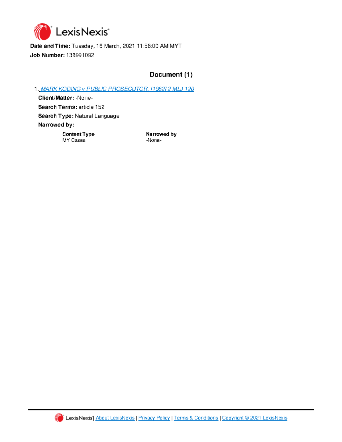 MARK KODING v PUBLIC PROSECUTOR: Federal Court Case Analysis [1982] 2 ...