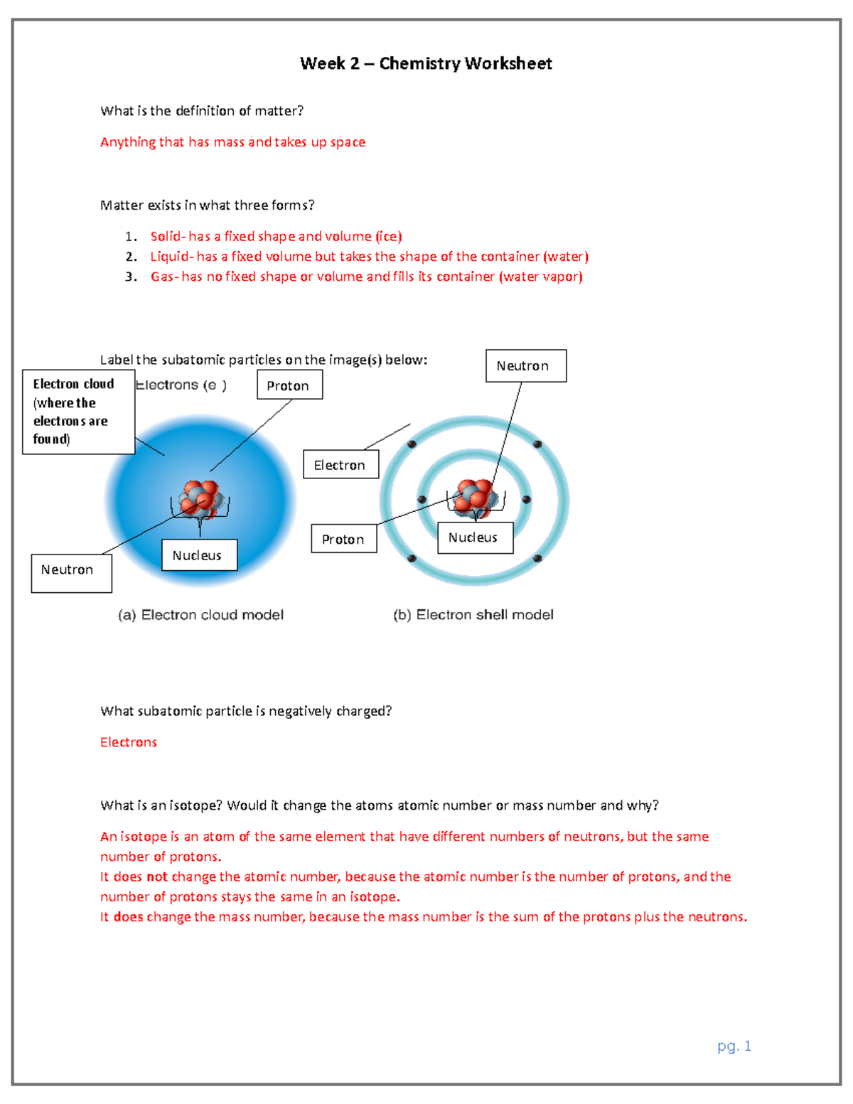 Week 2 Chemistry Worksheet - What is the definition of matter? Anything ...