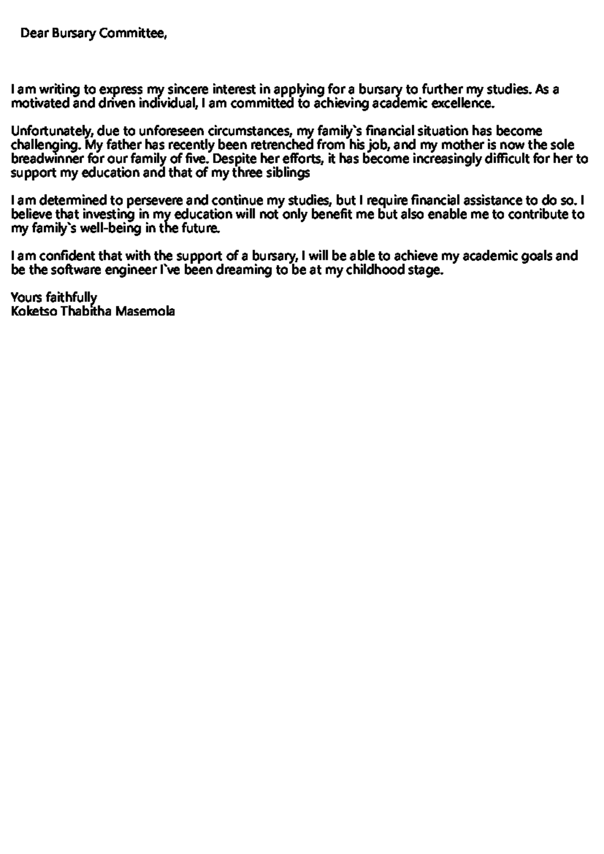 Bursary Application Letter by Koketso Masemola - Studocu