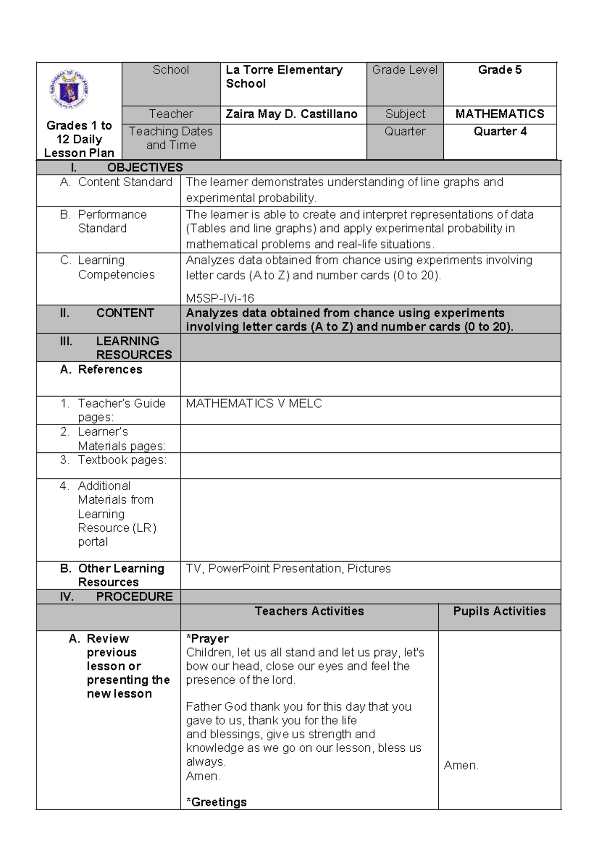 Mathematics lesson plan for grade 5 - Quarter 4 (STM 4) - Studocu