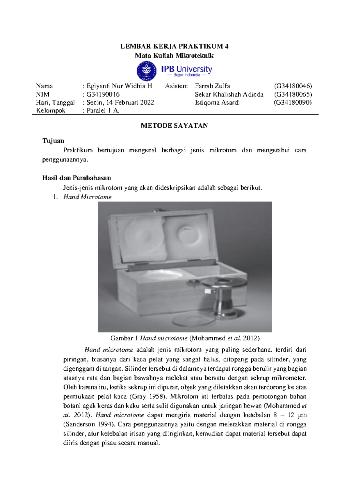 Praktikum Mikroteknik: Metode Sayatan dan Jenis Mikrotom G34190016 ...
