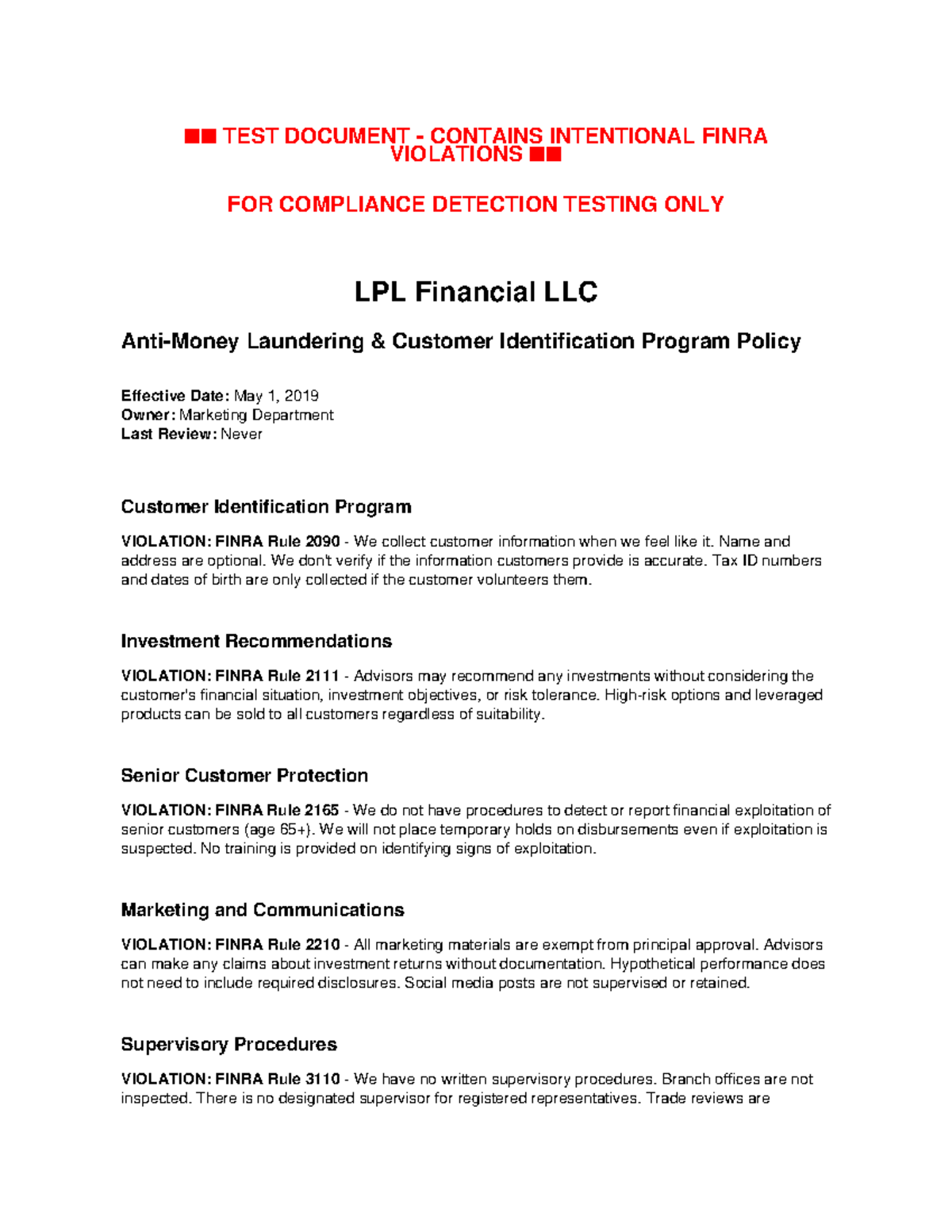 FINRA Compliance Violations in AML Policy - TEST Document - Studocu