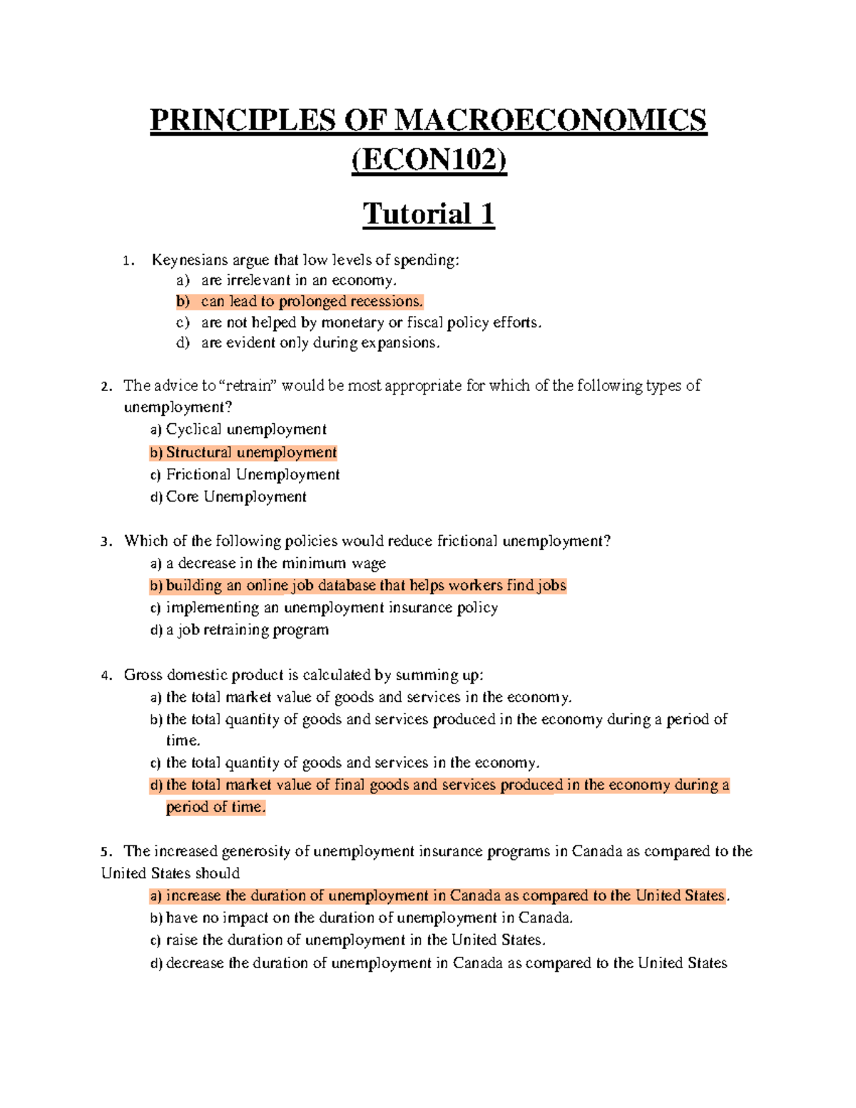 ECON102 TUT1 - Macroeconomics Principles Tutorial Questions - Studocu