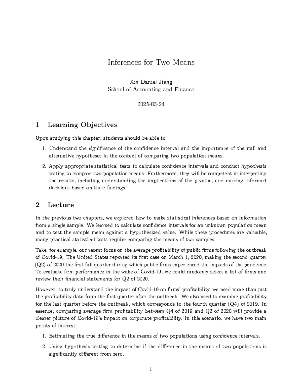 W12 Two Sample Mean - Inferences for Two Means Xin Daniel Jiang School ...