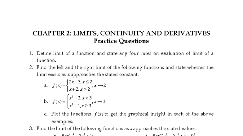 STA 102 - CHAPTER 2: LIMITS, CONTINUITY & DERIVATIVES Practice ...