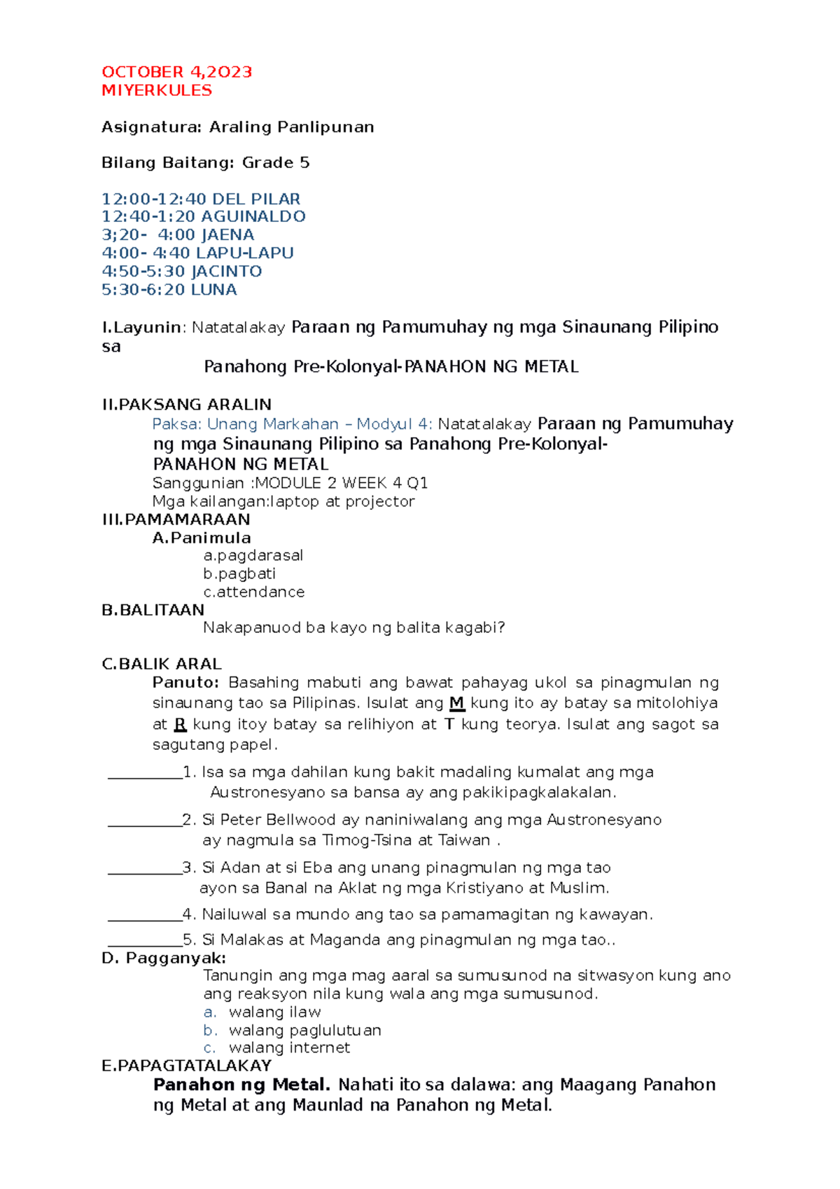 October 4 - LESSON PLAN IN AP - OCTOBER 4,2O MIYERKULES Asignatura ...