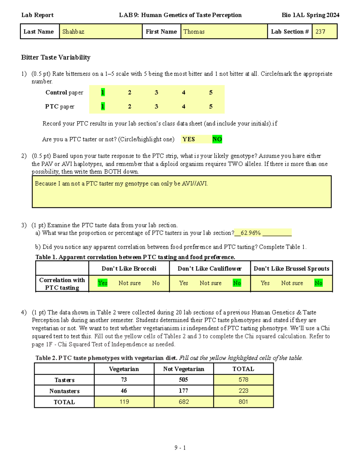 Lab 9 - Human Genetics & Taste Perception Report Sp24 - Studocu
