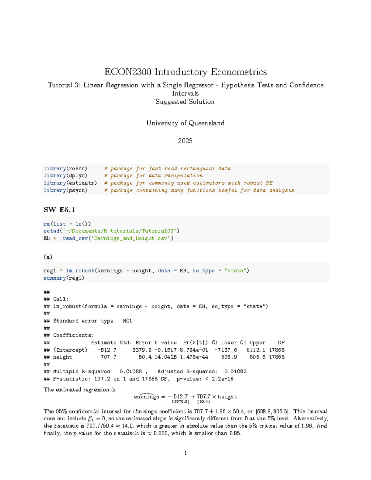 ECON2300 Tutorial 3: Linear Regression & Hypothesis Testing Solutions ...