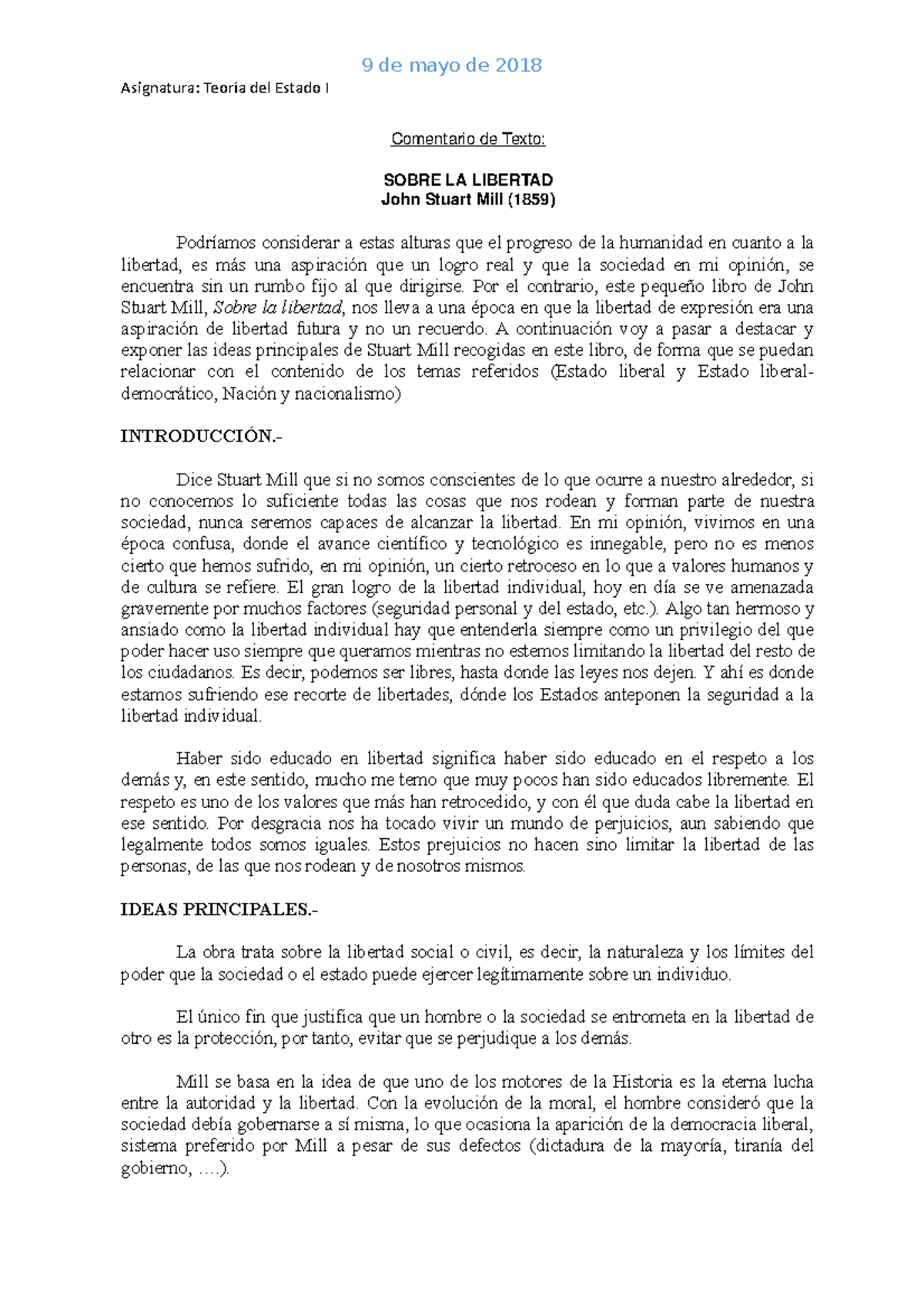 Comentario DE Texto Sobre la libertad de John Stuart Mill - Asignatura: Teoría del Estado I ...