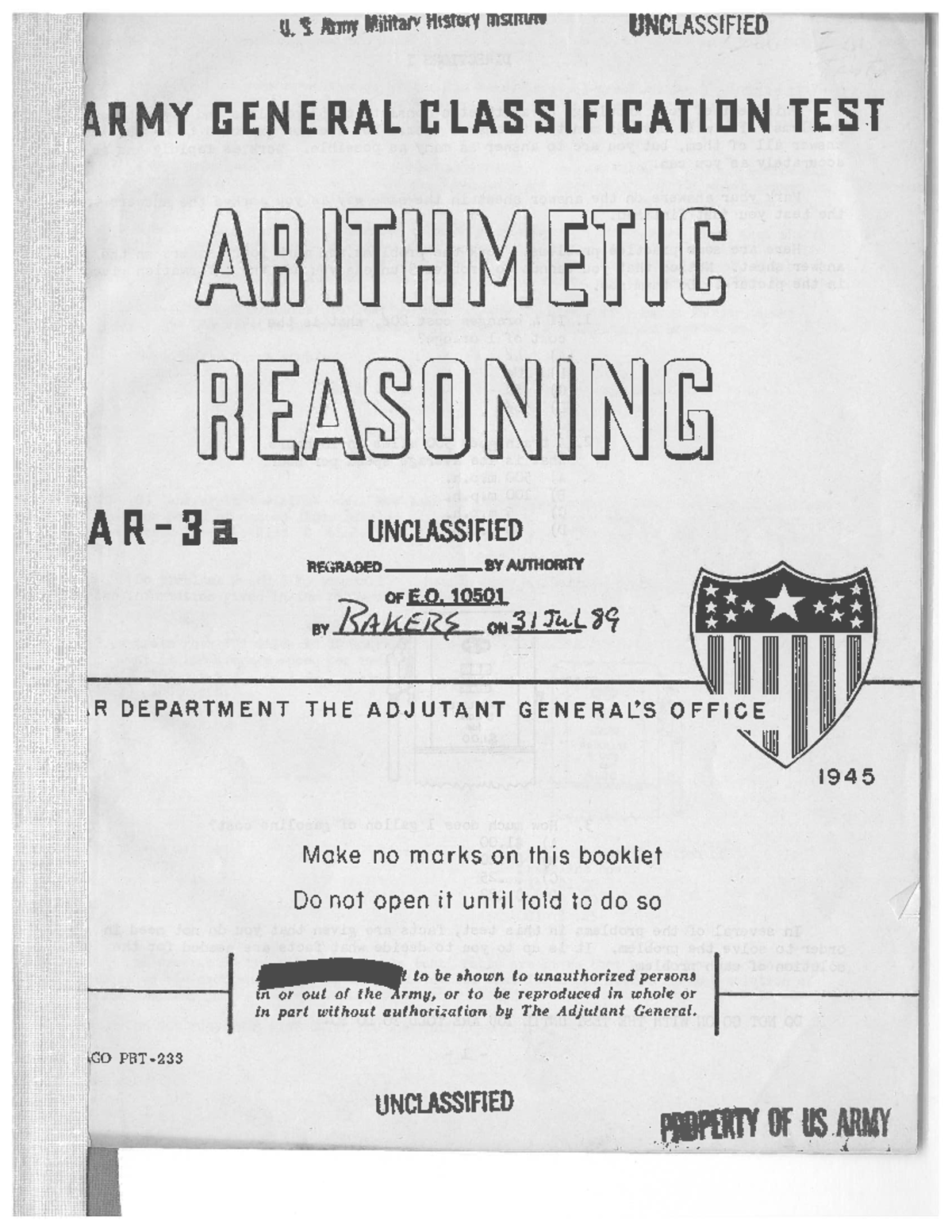 Army General Classification Test: Arithmetic Reasoning (UB 336.A73 ...