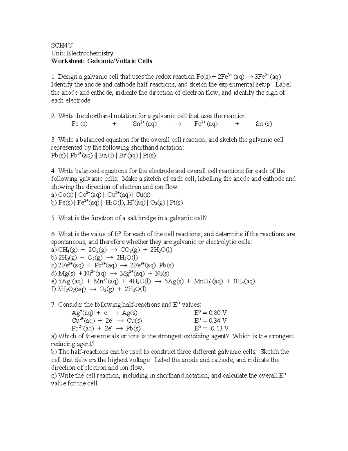 SCH4U Final Exam: Electrochemistry - Galvanic Cells Worksheet - Studocu
