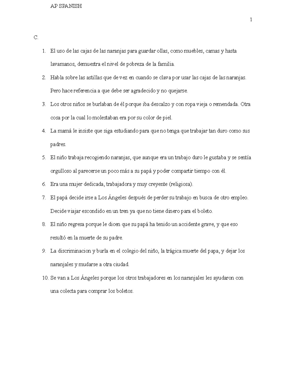 Las Naranjas - AP SPANISH 1 Reading Exercise Analysis - Studocu