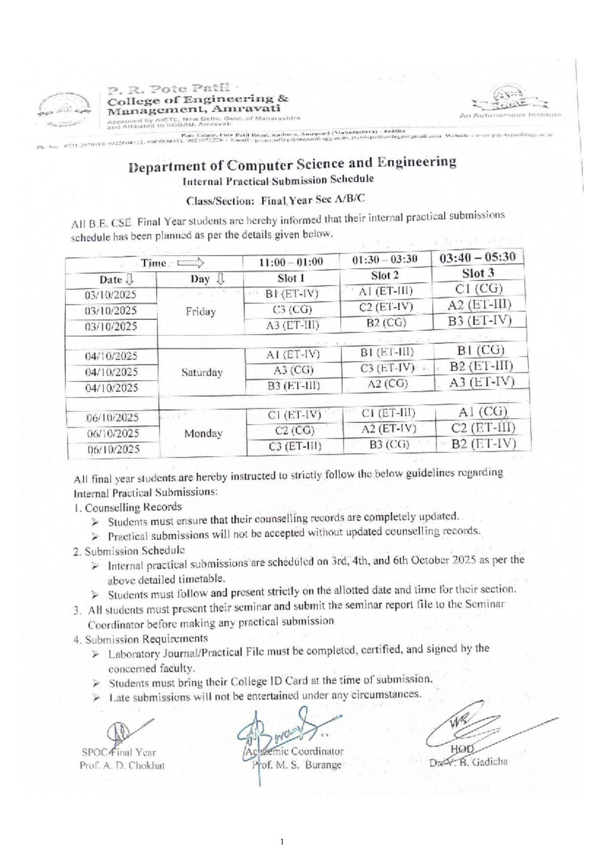 CSE 8th Sem Internal Practical Submission Schedule 2025 - Studocu