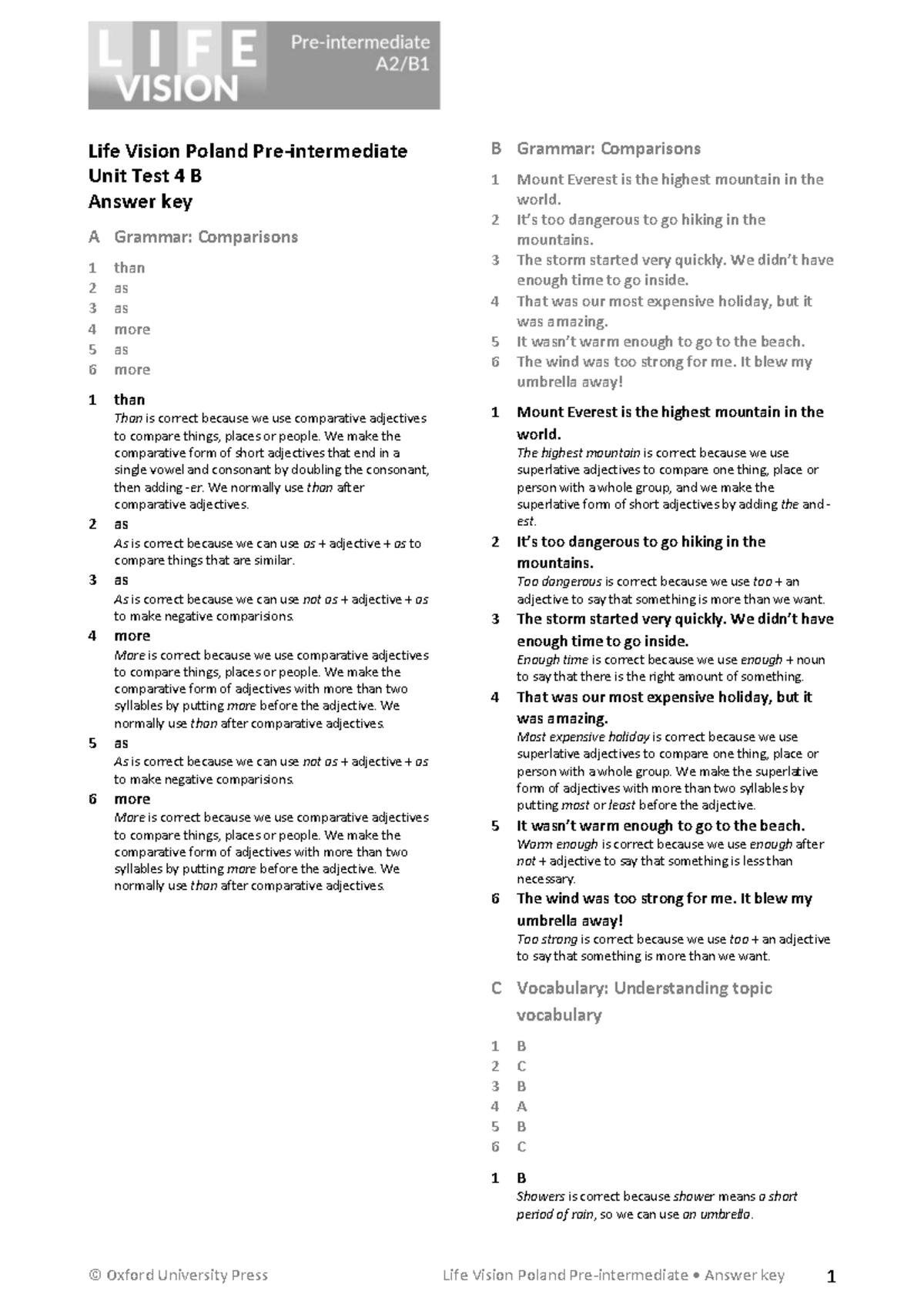 Life Vision Poland Pre-Int Unit Test 4B Answer Key - Studocu