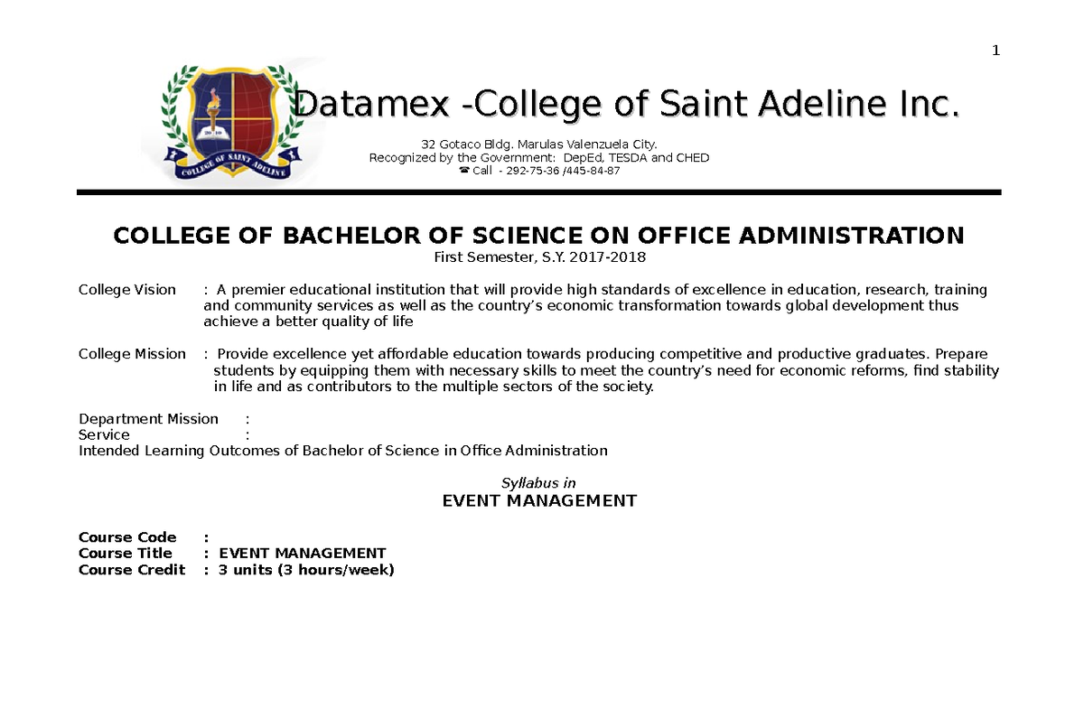 Syllabus in event management - Datamex -College of Saint Adeline Inc ...