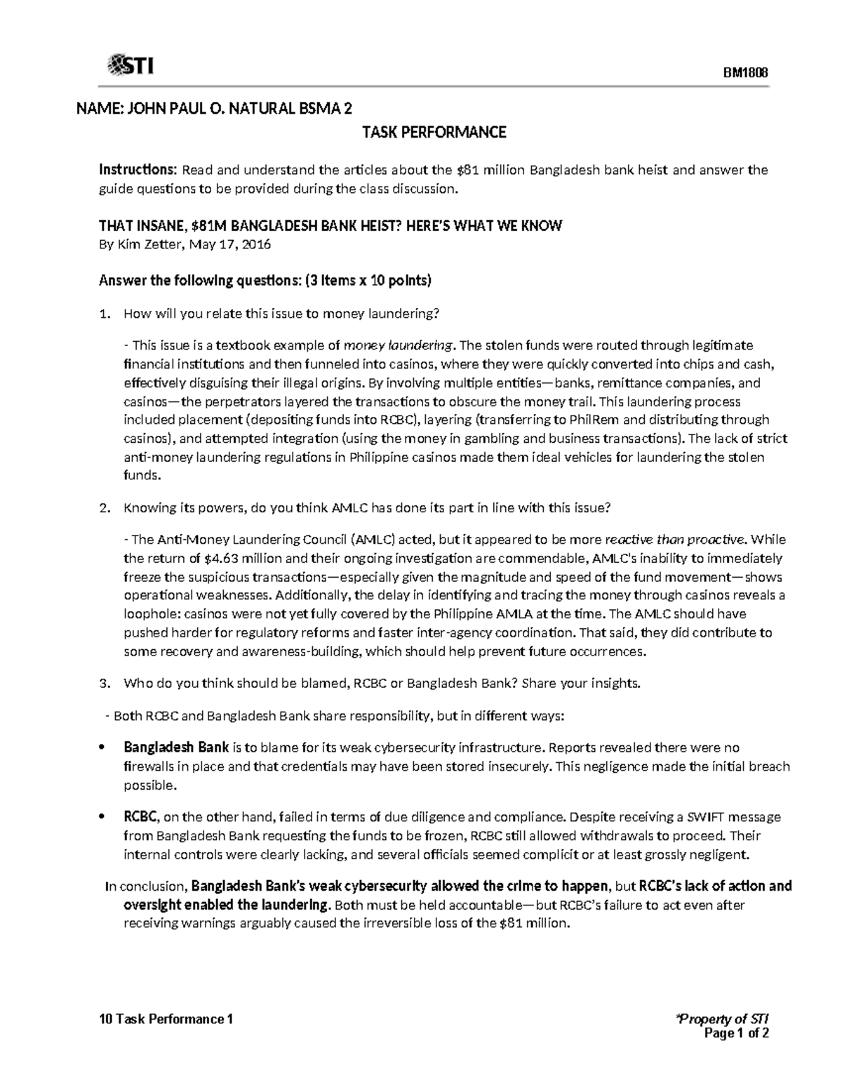 BM1808 Final Exam Task Performance: Analyzing the Bangladesh Bank Heist ...