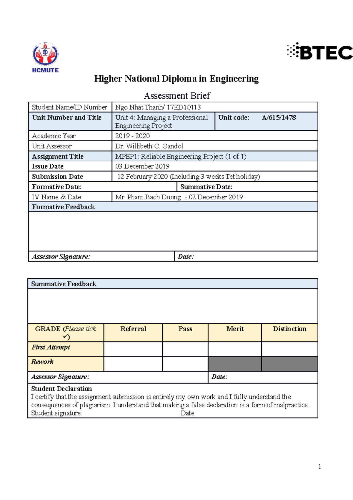 Managing a Professional Engineering Project (Unit A/615): Project on ...