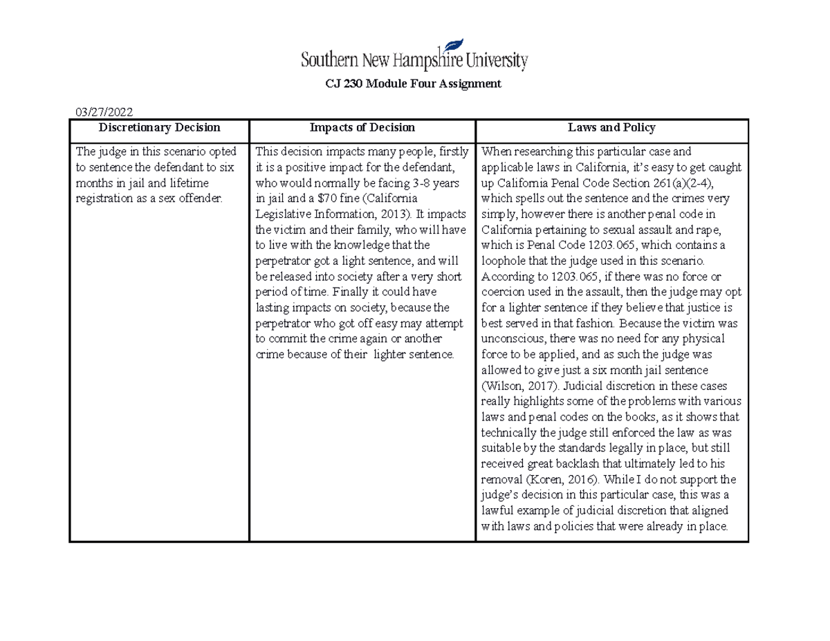 CJ 230 Module 4 Assignment: Analyzing Judicial Discretion in Sentencing ...