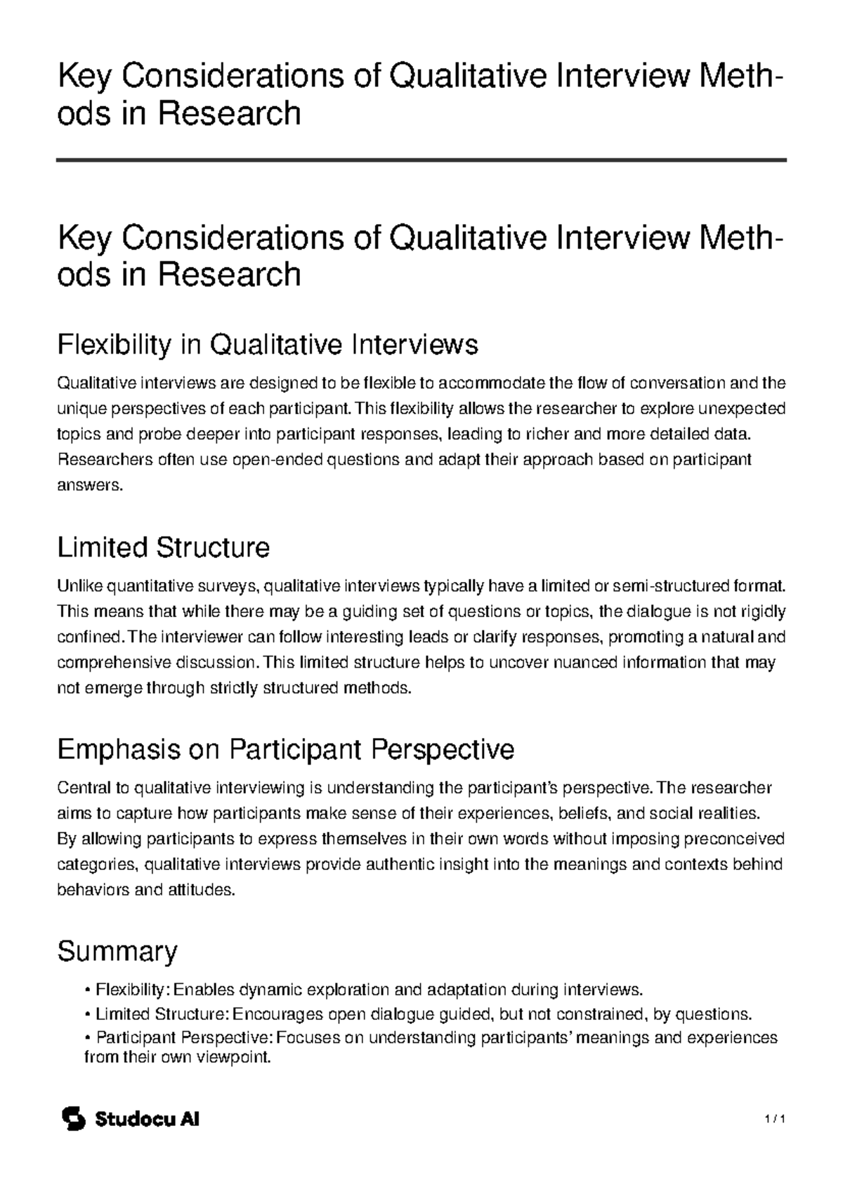 Key Considerations of Qualitative Interview Methods (Research) - Studocu