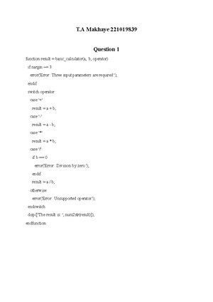 Tut 7 - tutorial - T Makhaye 221019839 Question 1 function binary_str = - Studocu