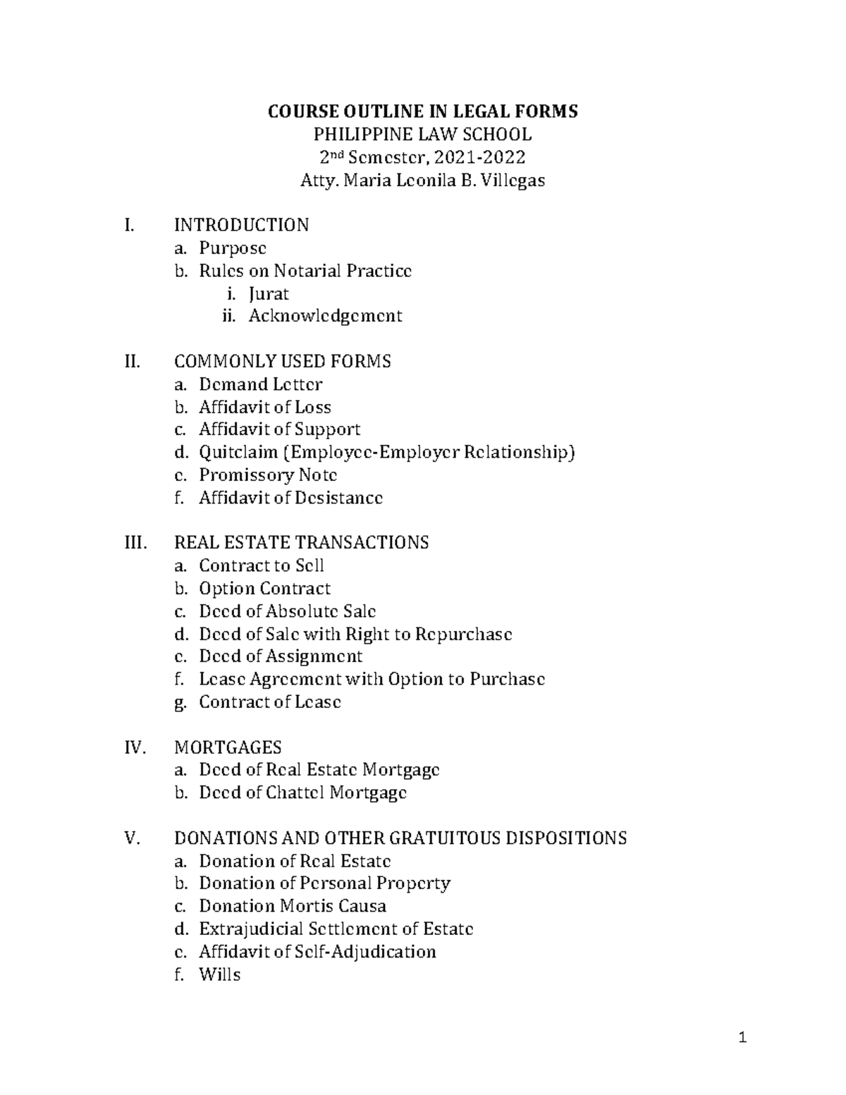 Legal Forms Syllabus - Philippine Law School 2nd Sem 2021-22 - Studocu