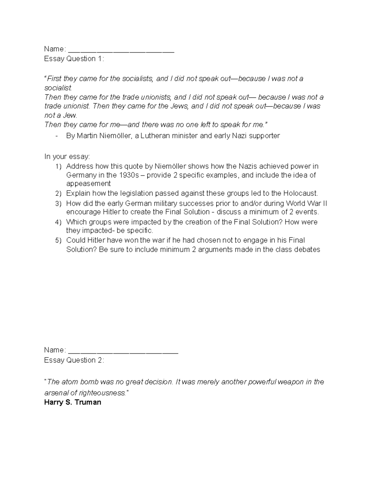 WW2 WH2 In-Class Essay: The Rise of the Nazis and the Holocaust - Studocu