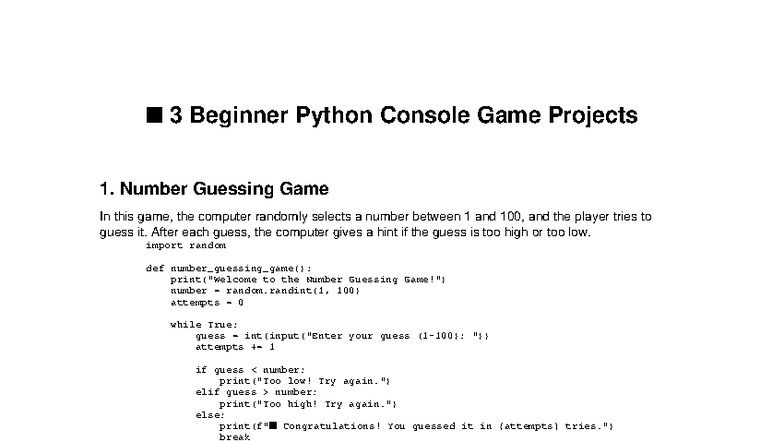 Beginner Python Console Games: 3 Fun Projects - Studocu