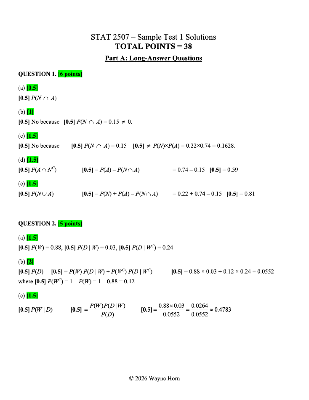 STAT 2507F Sample Test 1 Solutions - Intro to Stat Modelling I Winter ...