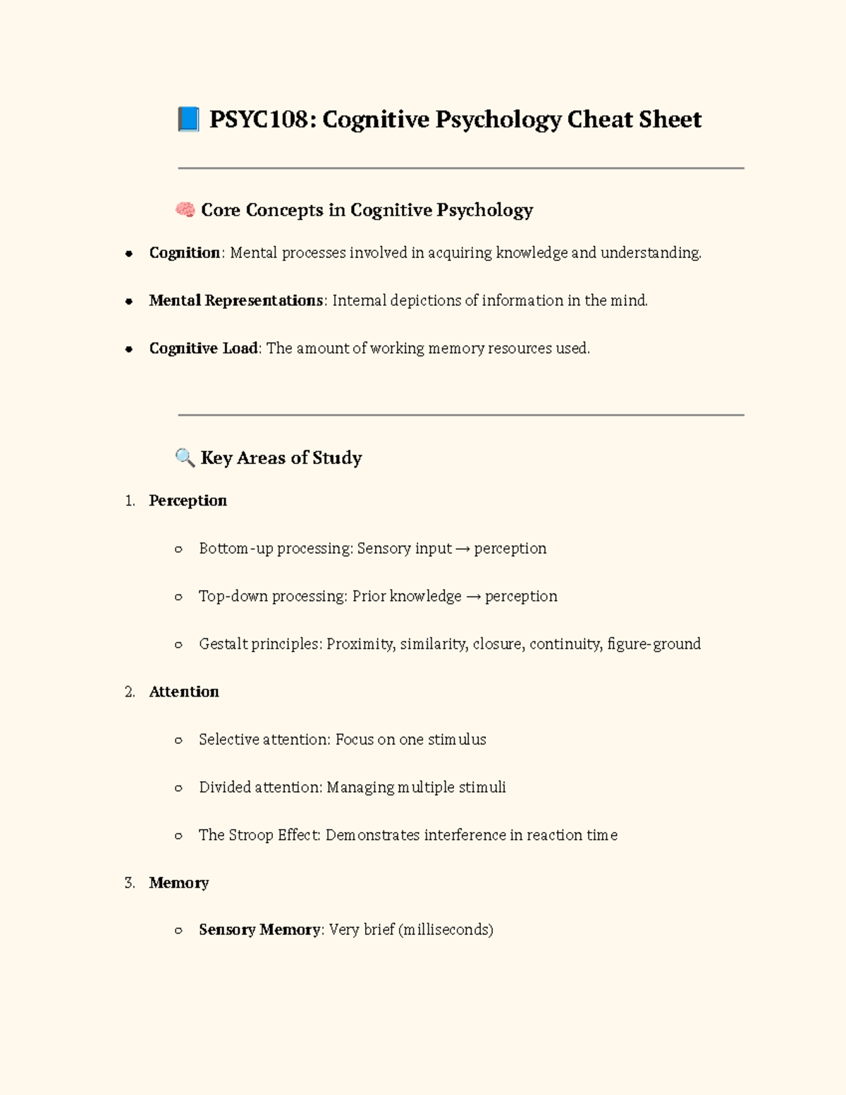 PSYC108: Cognitive Psychology Core Concepts Cheat Sheet - Studocu