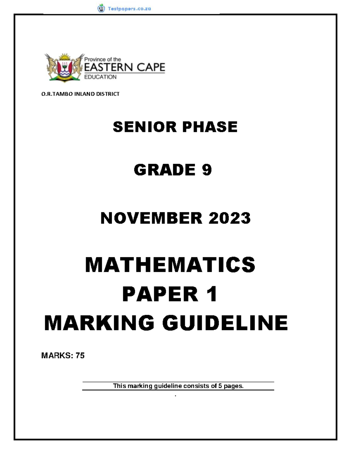 November 2023 Grade 9 Mathematics Paper 1 Marking Guideline - Studocu