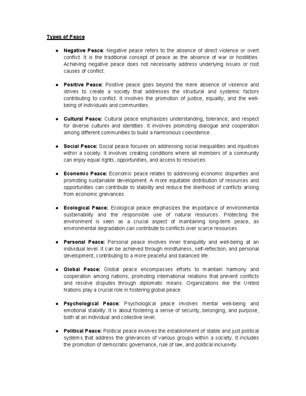 Types of Peace and Violence: A Comprehensive Overview (PEACE 101) - Studocu