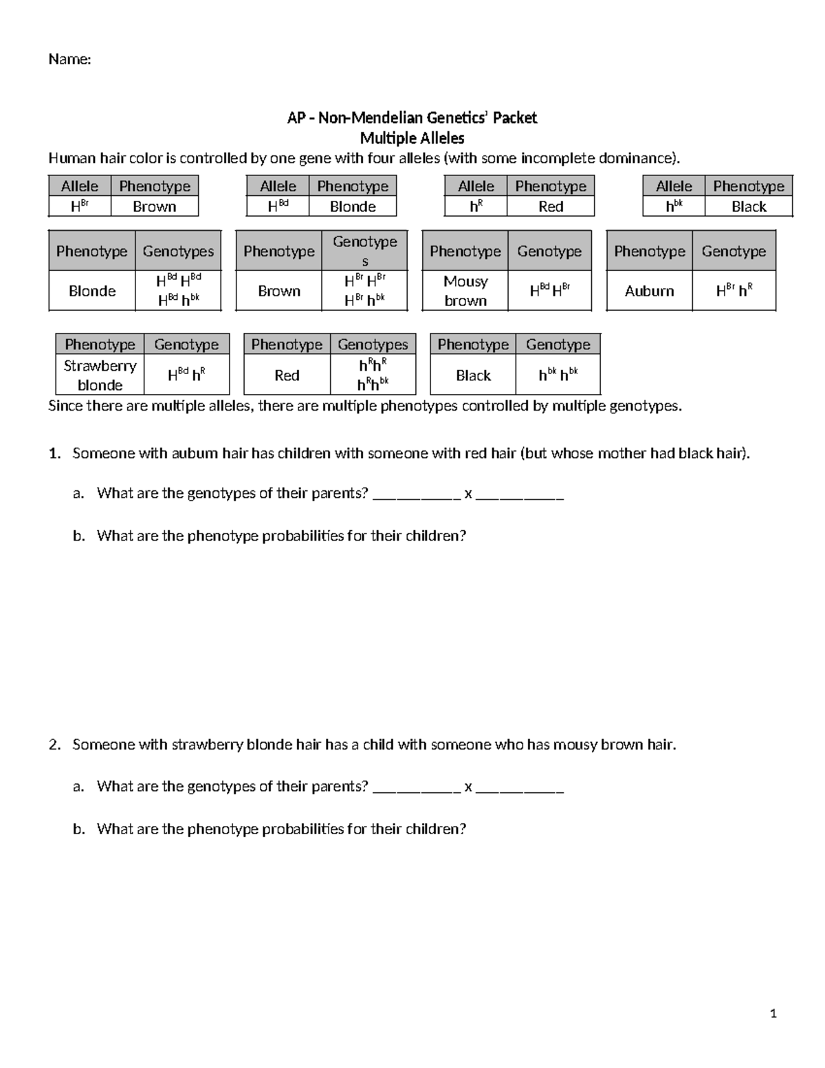 Non-Mendelian Genetics Packet - AP Biology Study Guide - Studocu