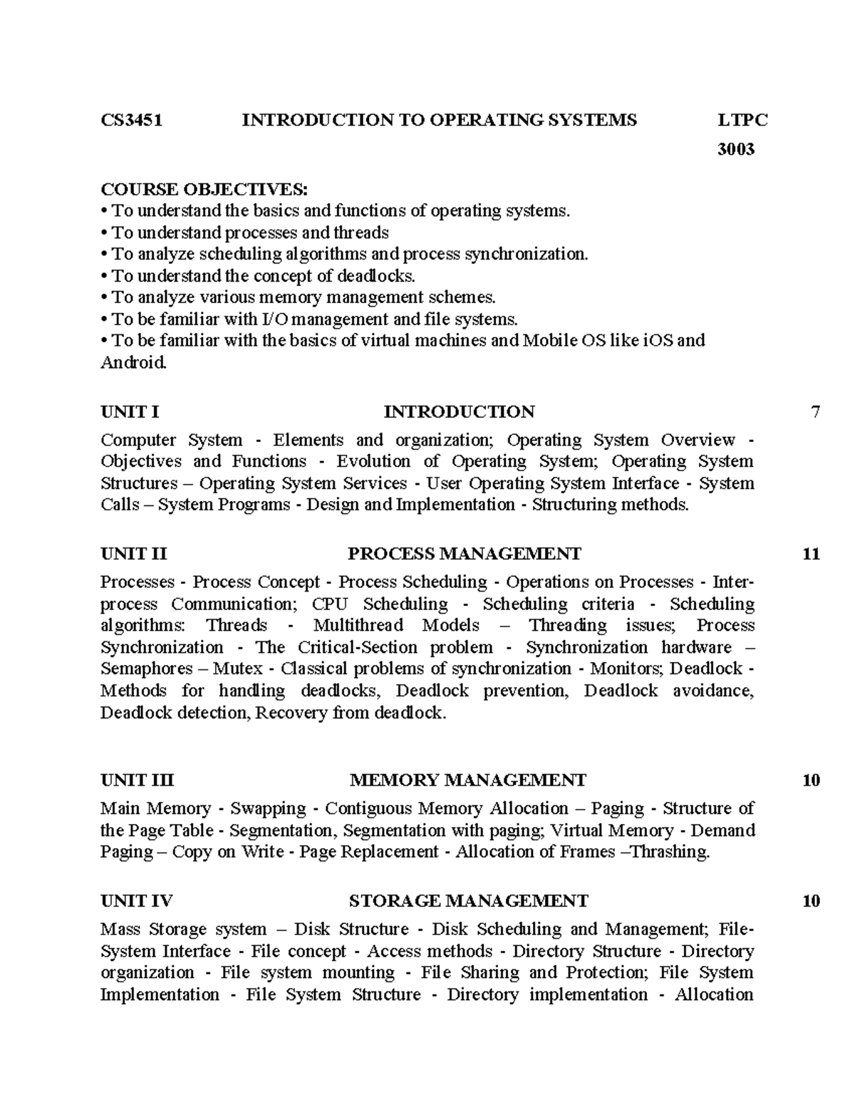 CS3451 Detailed Lecture Syllabus on Operating Systems Concepts - Studocu
