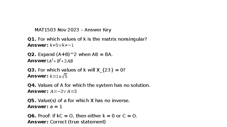 MAT1503 Nov 2023 Exam Solutions: Answer Key & Key Takeaways - Studocu