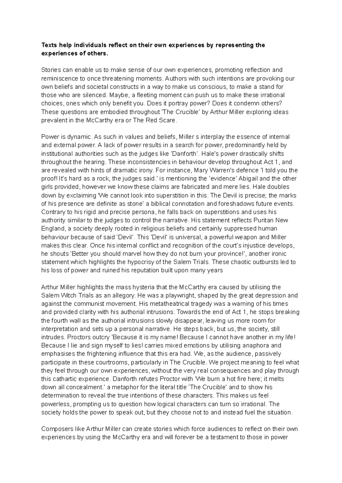 The Crucible Essay: Power Dynamics and Human Experience in Miller's ...