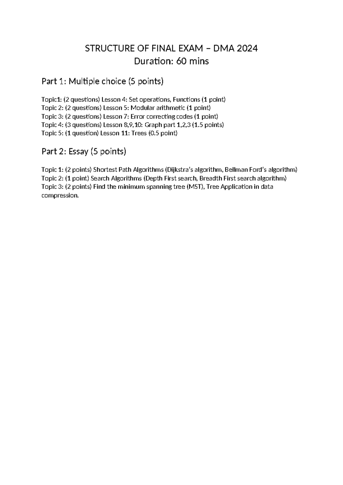 Structure OF Final EXAM – DMA 2024 - STRUCTURE OF FINAL EXAM – DMA 2024 ...