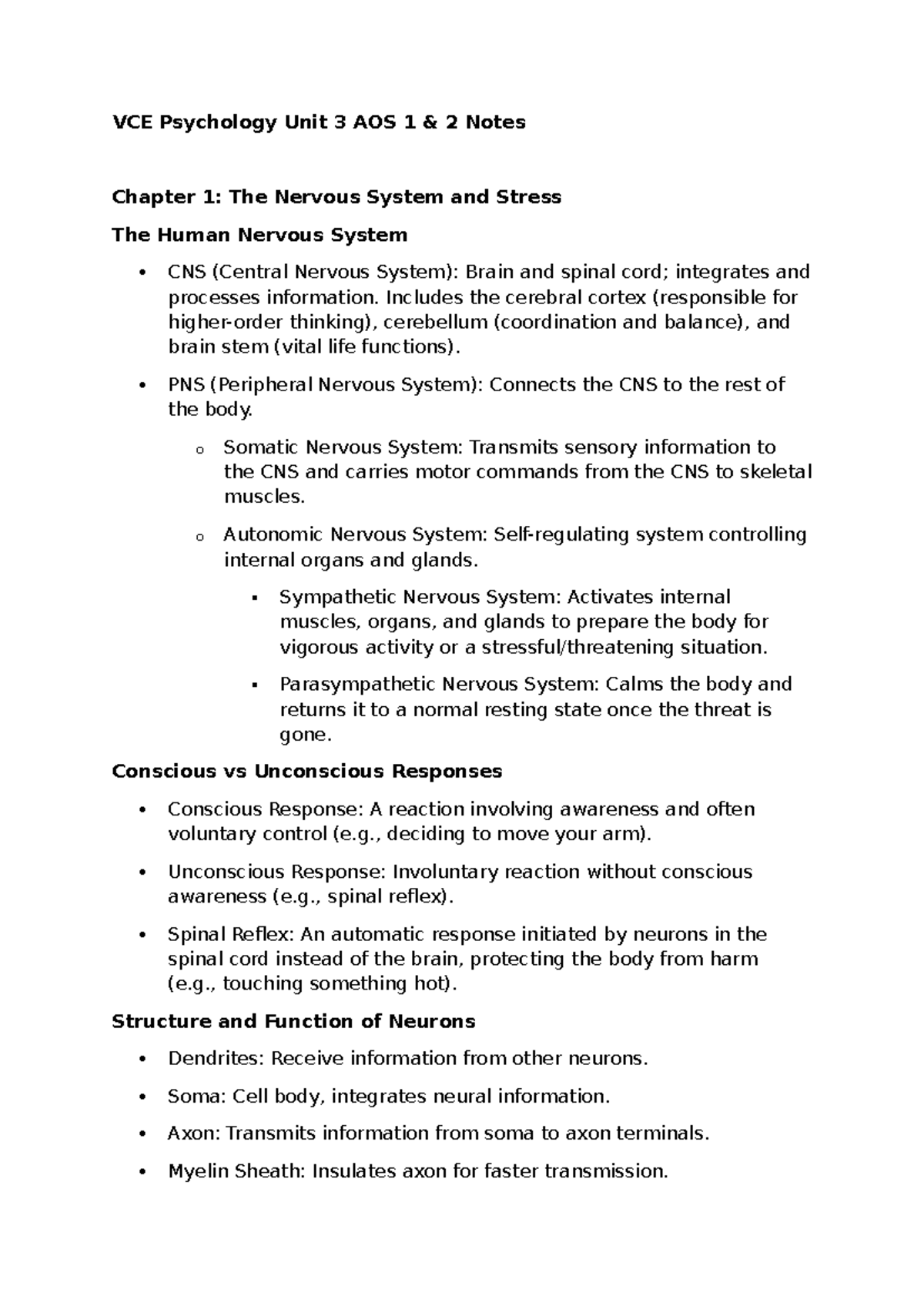 VCE Psychology Unit 3 AOS 1 & 2 Notes: Nervous System, Stress ...