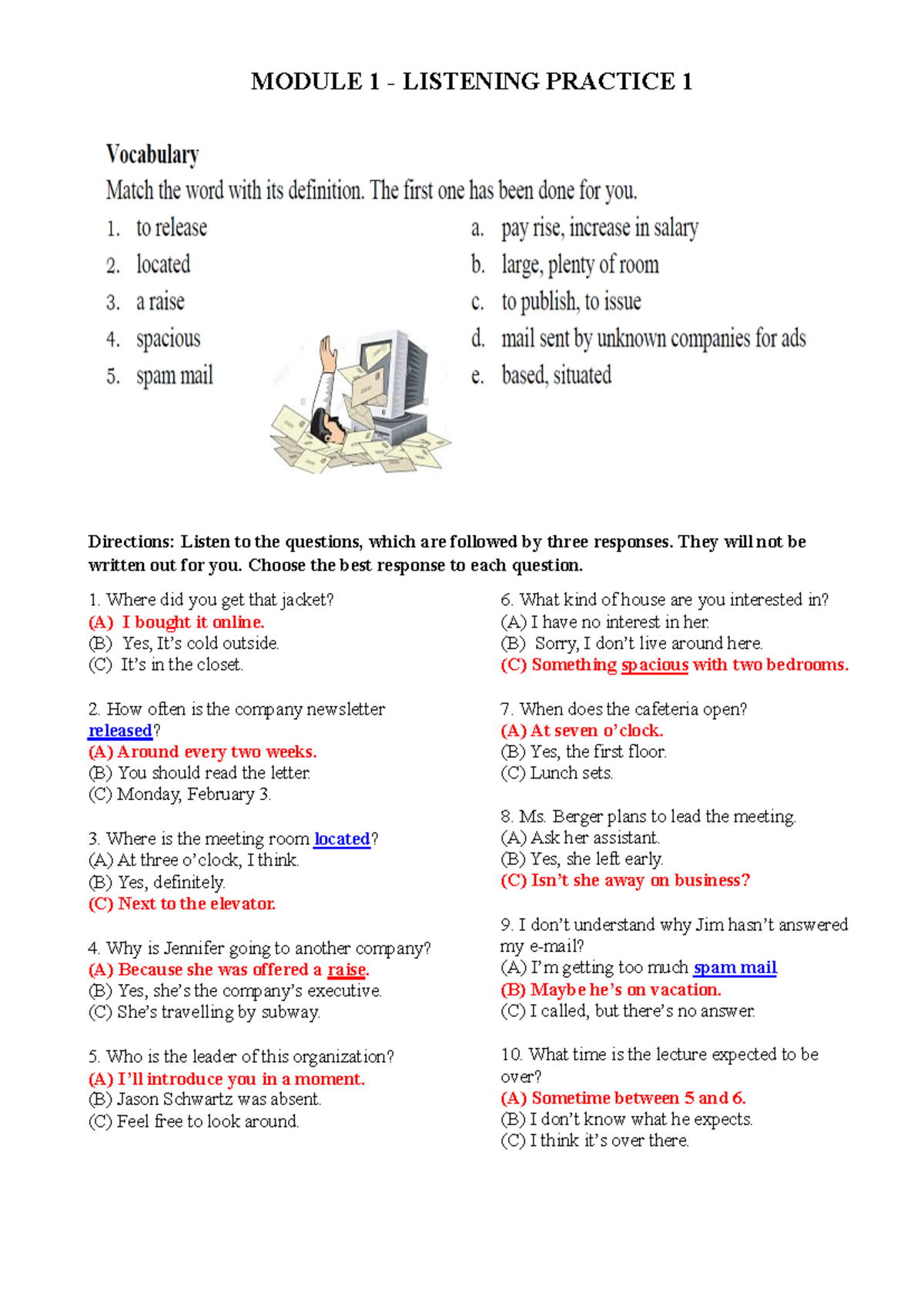 M1 Listening Practice with key - Directions: Listen to the questions ...
